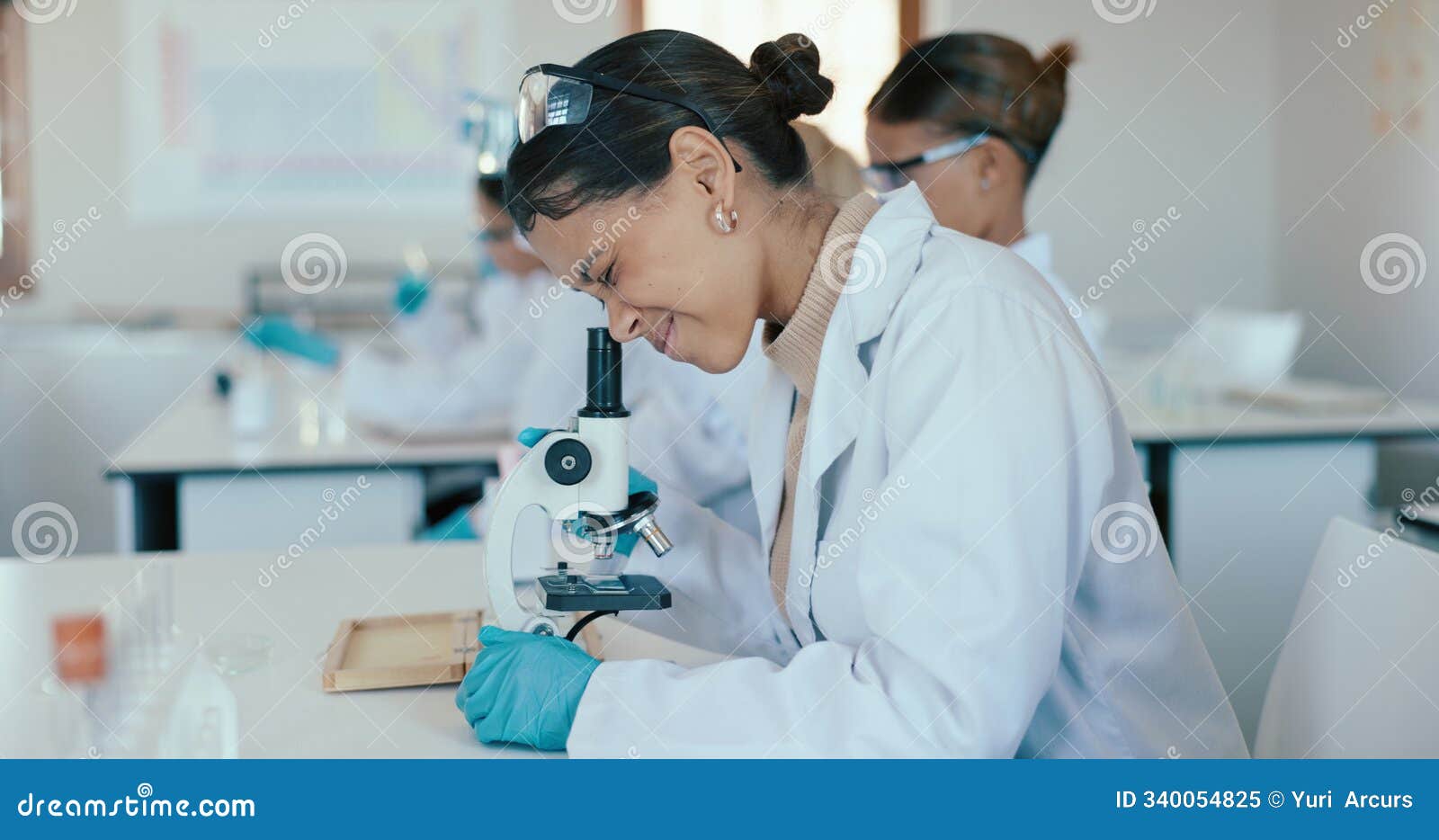 Science, Girl and Analysis with Microscope in Classroom for Sample ...