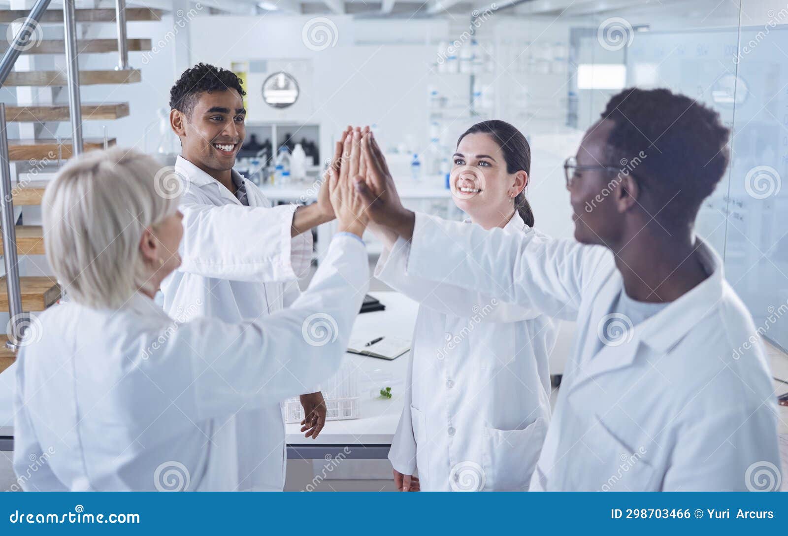 Science, High Five and Team with Success in Laboratory for Celebration ...