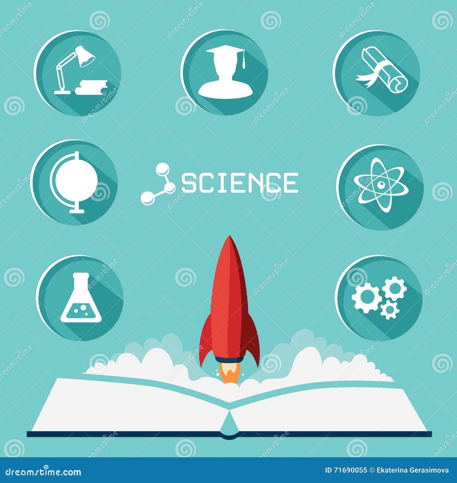 Science Icon Set. Flat Icons with Long Shadow and the Rocket Flies Up ...