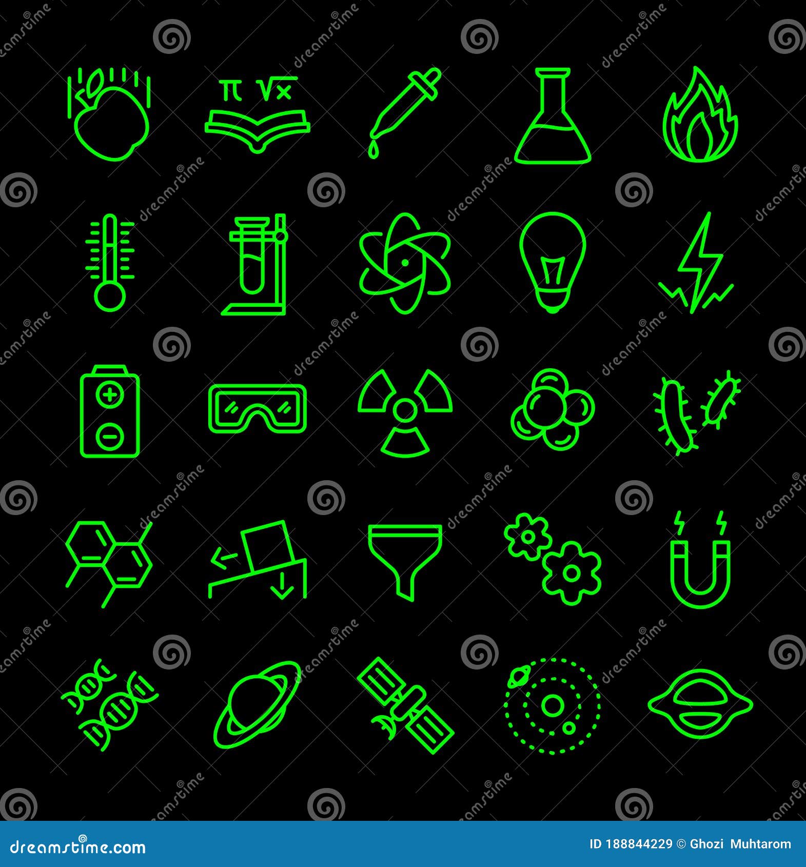 Science Icon Set Green Line Black Isolated Modern Flat Design Stock ...