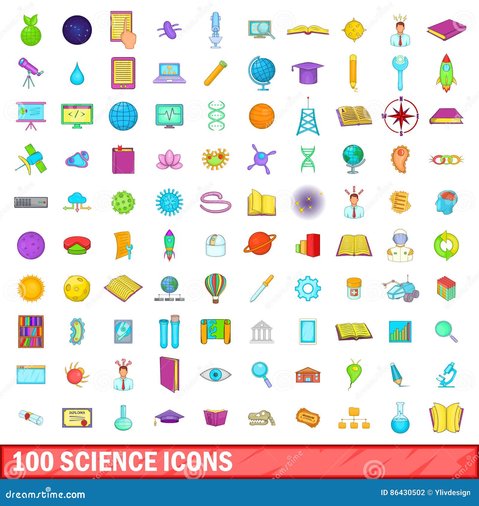 100 Science Icons Set, Cartoon Style Stock Vector - Illustration of ...