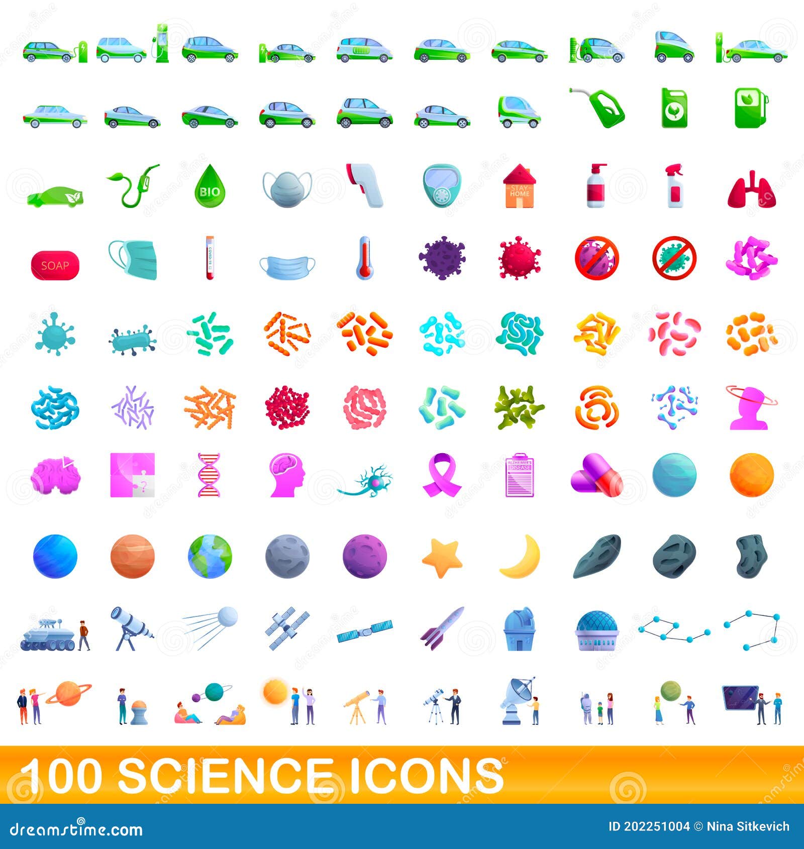100 Science Icons Set, Cartoon Style Stock Vector - Illustration of ...