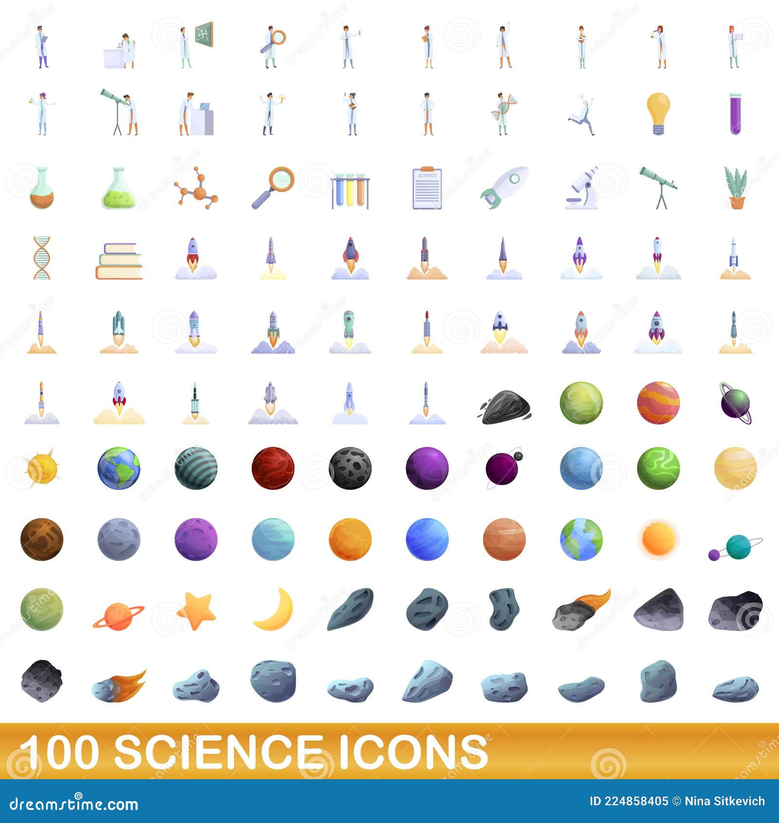 100 Science Icons Set, Cartoon Style Stock Vector - Illustration of ...