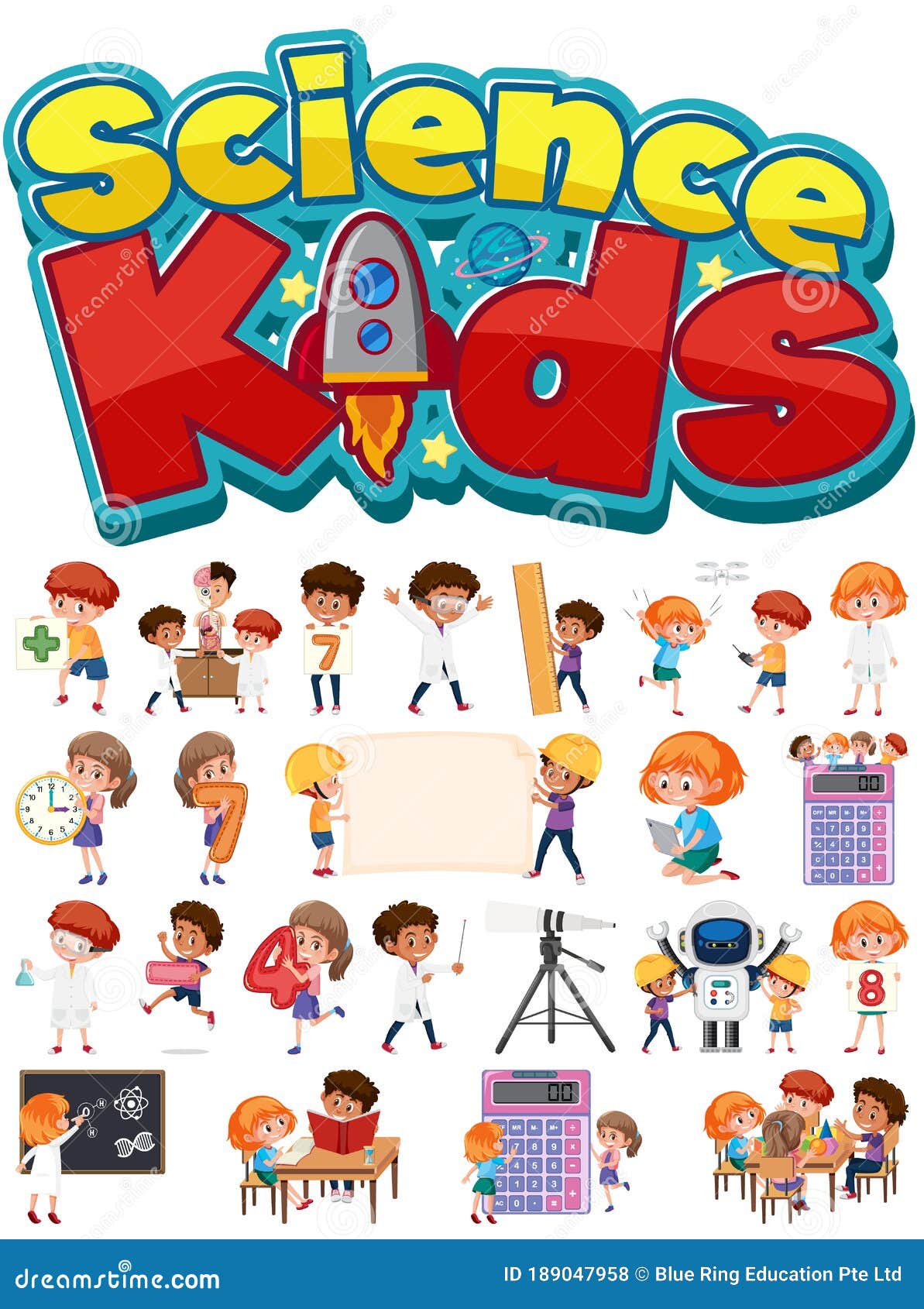 Science Kids Logo and Set of Children with Education Objects Isolated ...