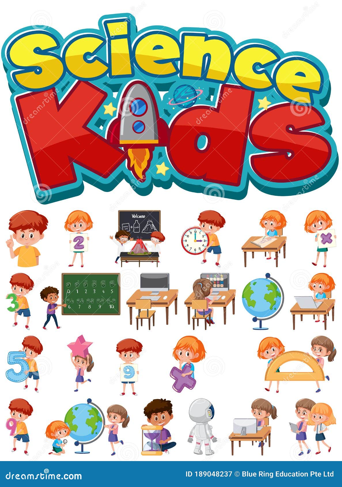 Science Kids Logo and Set of Children with Education Objects Isolated ...