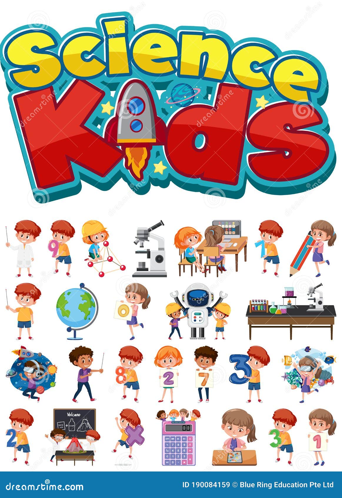 Science Kids Logo and Set of Children with Education Objects Isolated ...