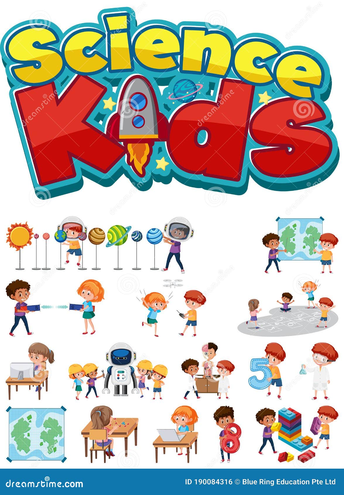 Science Kids Logo and Set of Children with Education Objects Isolated ...