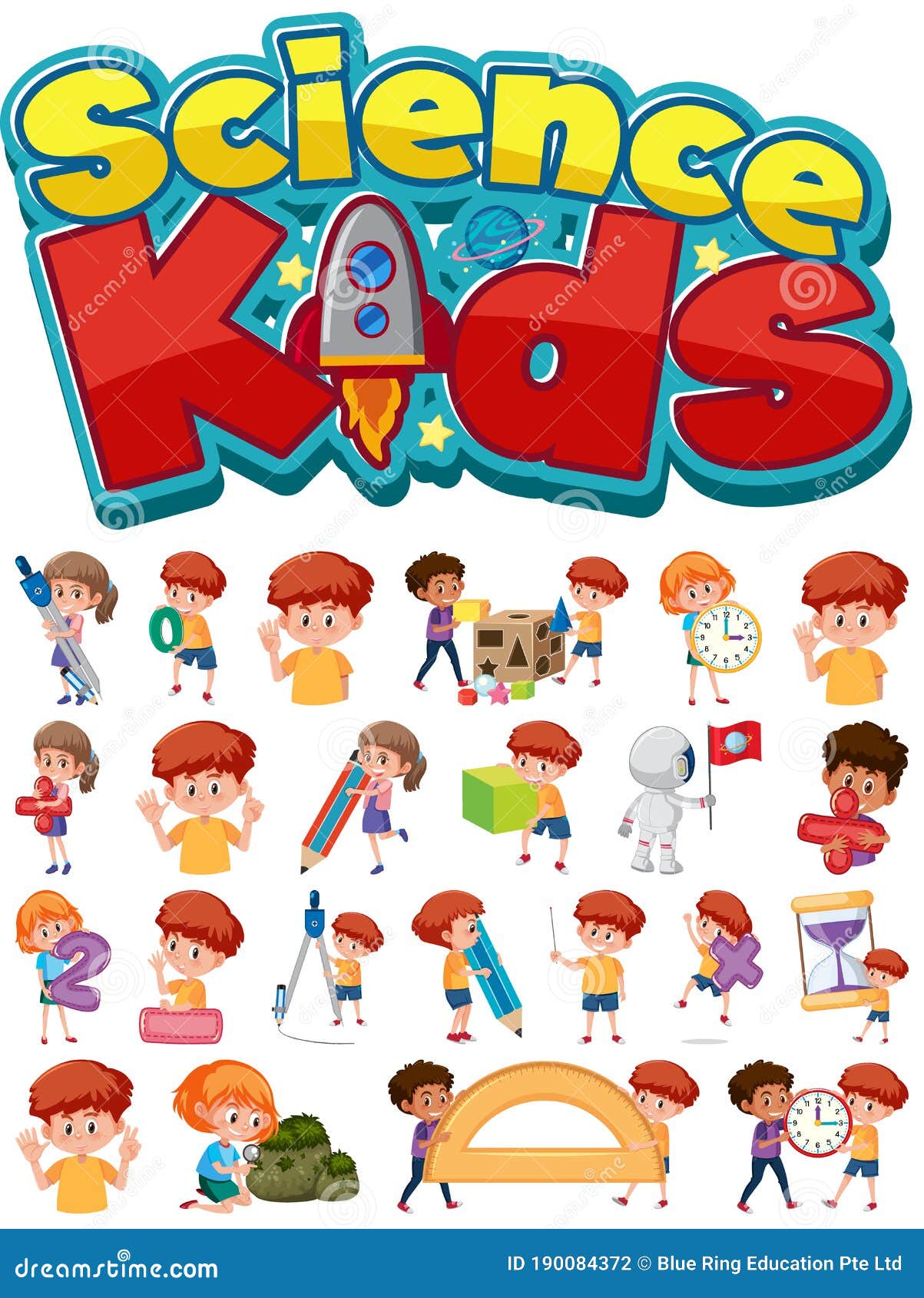 Science Kids Logo and Set of Children with Education Objects Isolated ...
