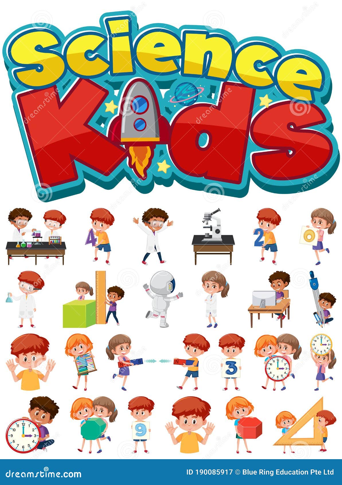 Science Kids Logo and Set of Children with Education Objects Isolated ...
