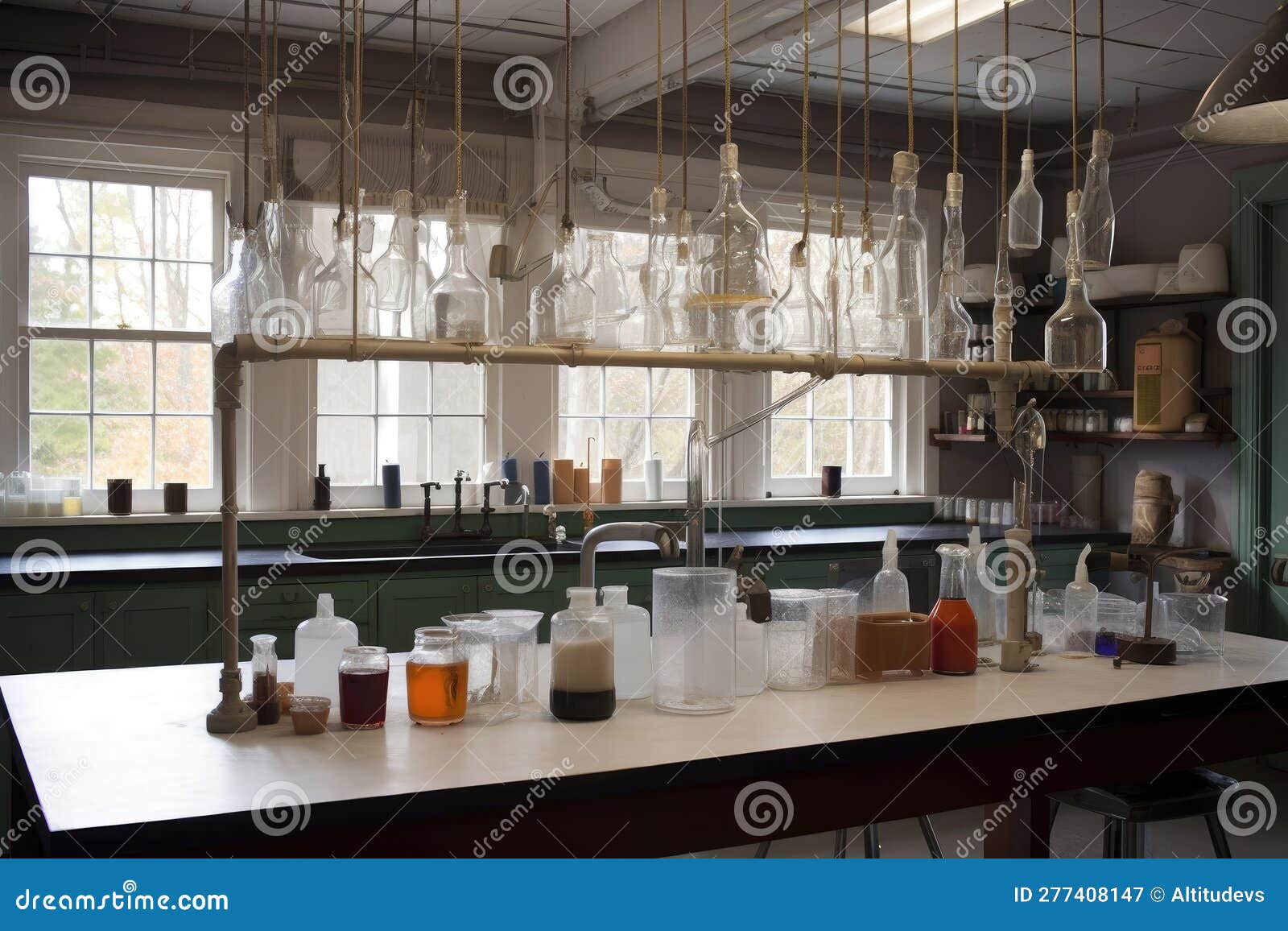 A Science Lab, with Beakers and Flasks on a Bench and Test Tubes ...