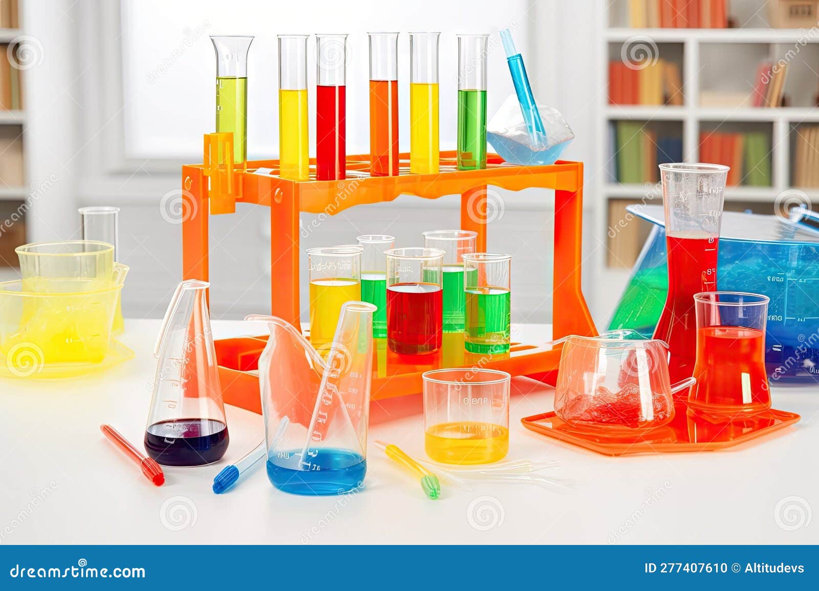 Science Lab with Beakers, Flasks, and Test Tubes Filled with Colorful ...