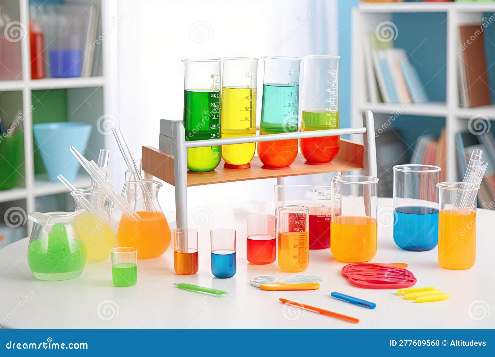 Science Lab with Beakers, Flasks, and Test Tubes Filled with Colorful ...