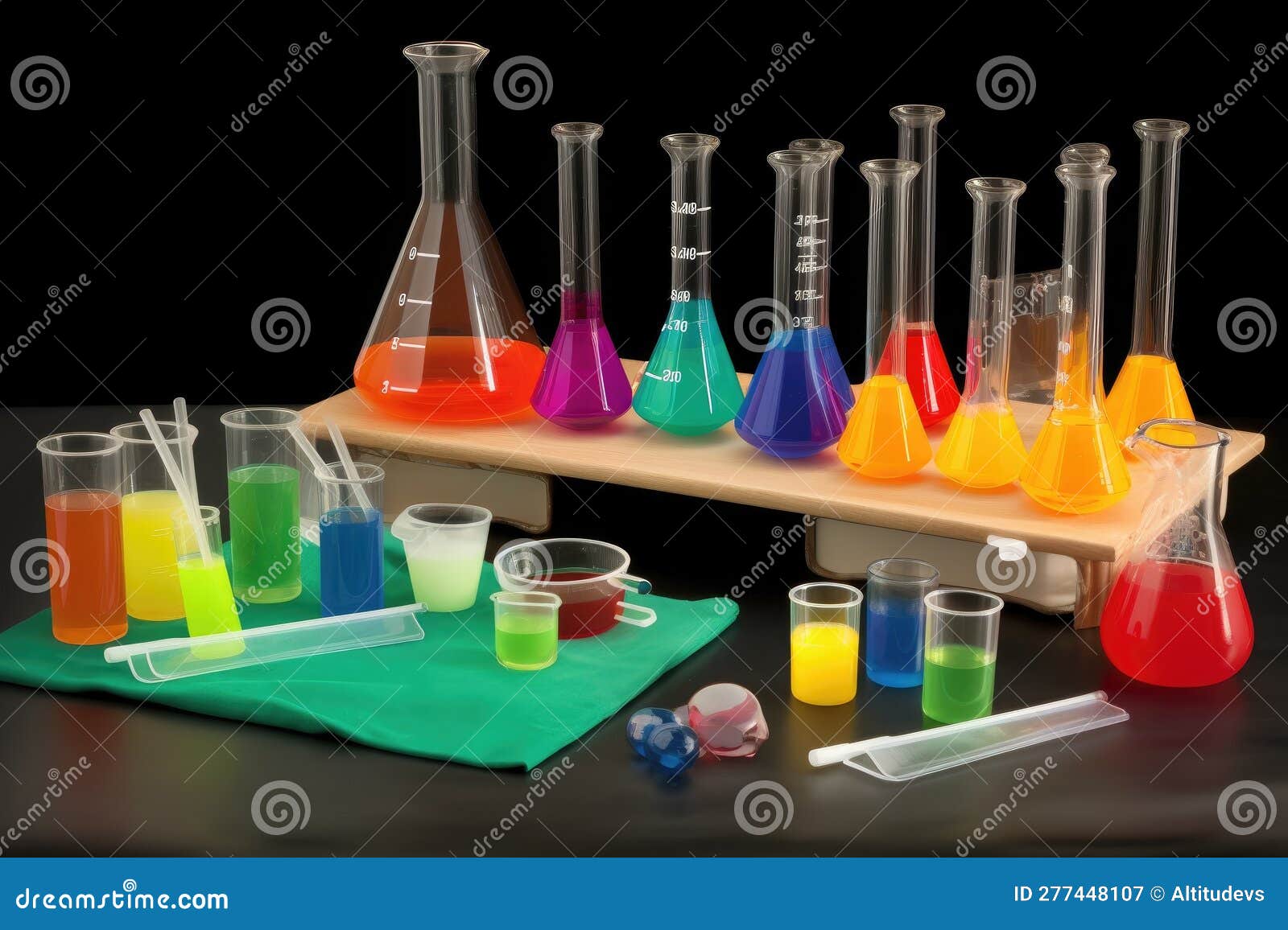 Science Lab with Beakers, Flasks, and Test Tubes Filled with Colorful ...