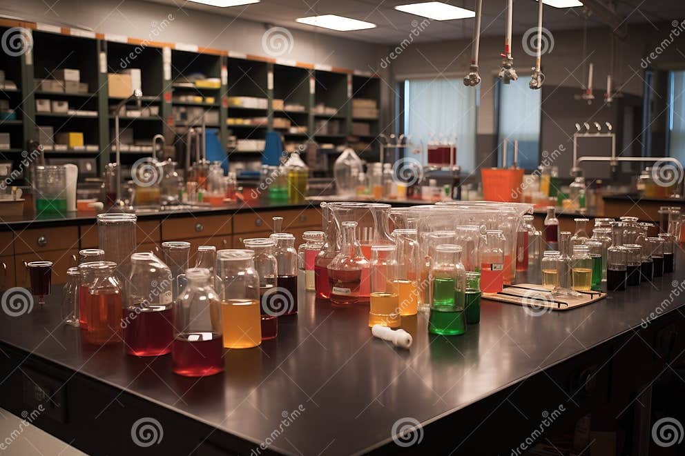 Science Lab with Beakers, Flasks, and Test Tubes for Mixing and ...