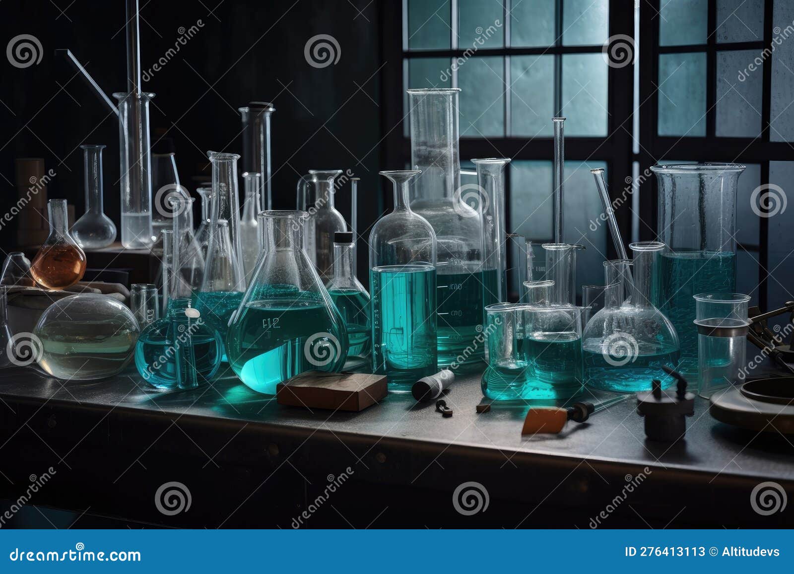 Science Lab with Beakers and Flasks, Tubing and Other Accessories Stock ...