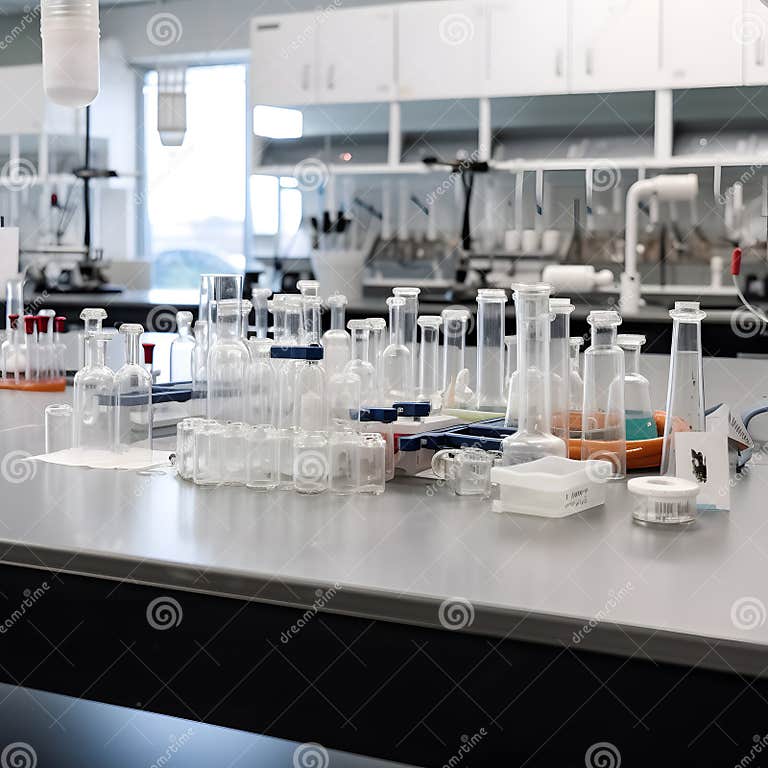 A Science Lab with Beakers and Test Tubes on a Lab Bench Created with ...
