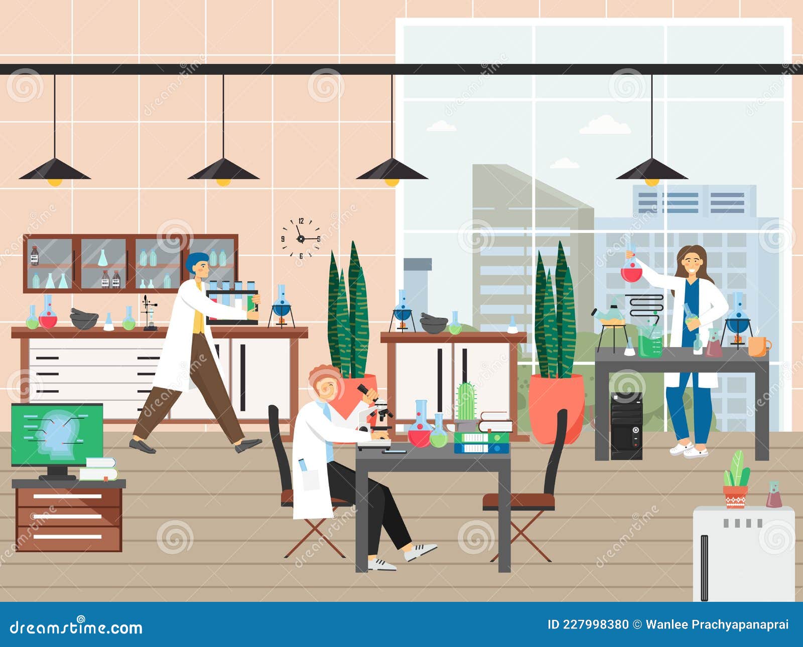 Science Lab Experiences, Flat Vector Illustration. Students Learning To ...