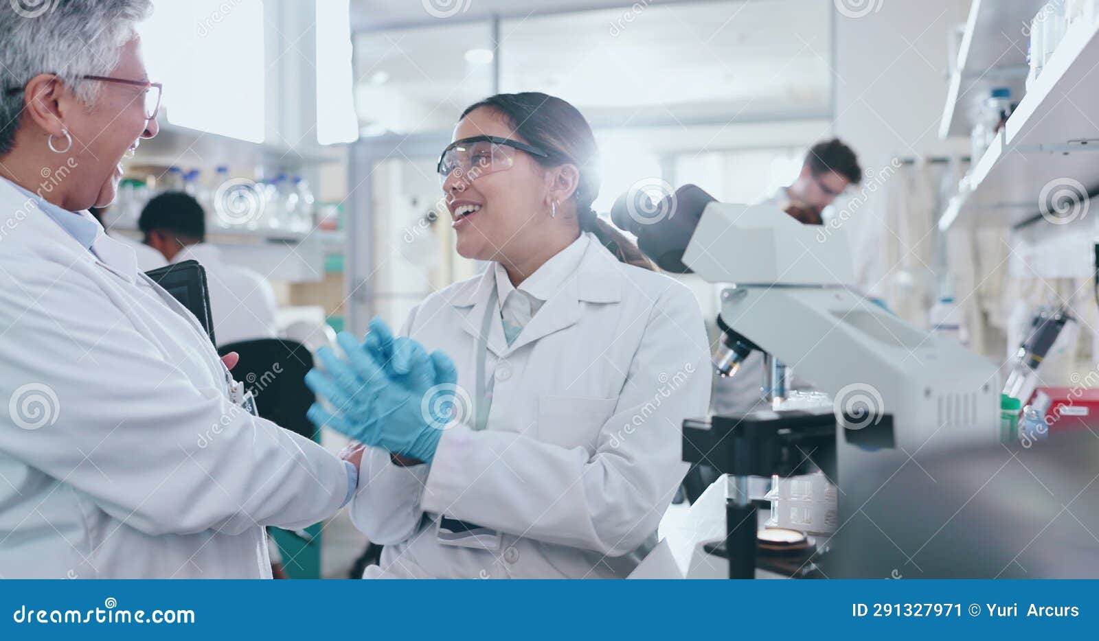 Science, Lab Microscope and Happy Team Talking, Excited and Smile for ...