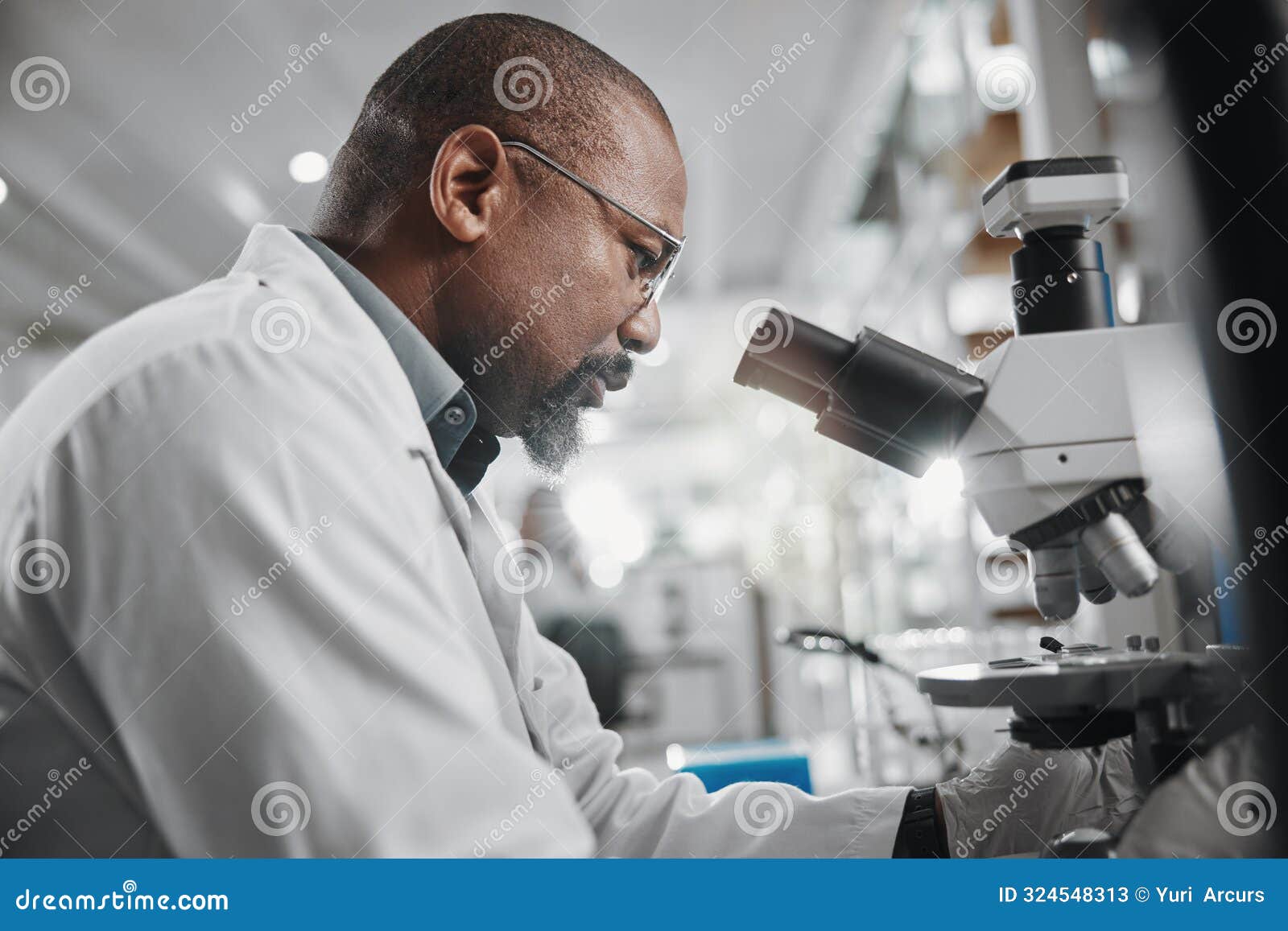 Science, Lab and Microscope Research with Black Man and Computer for ...