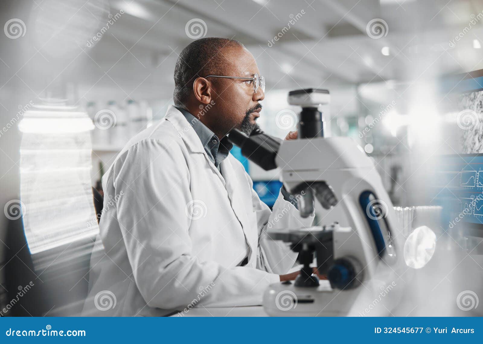 Science, Lab and Research with Black Man and Computer for Microscope ...