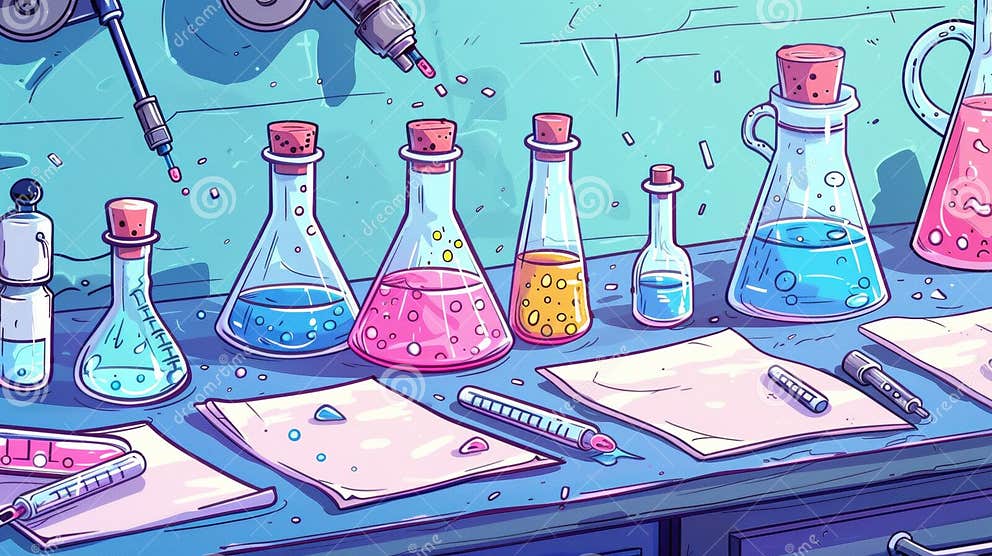 Science Lab Setup, Lab Table Cluttered with Chemical Flasks and ...
