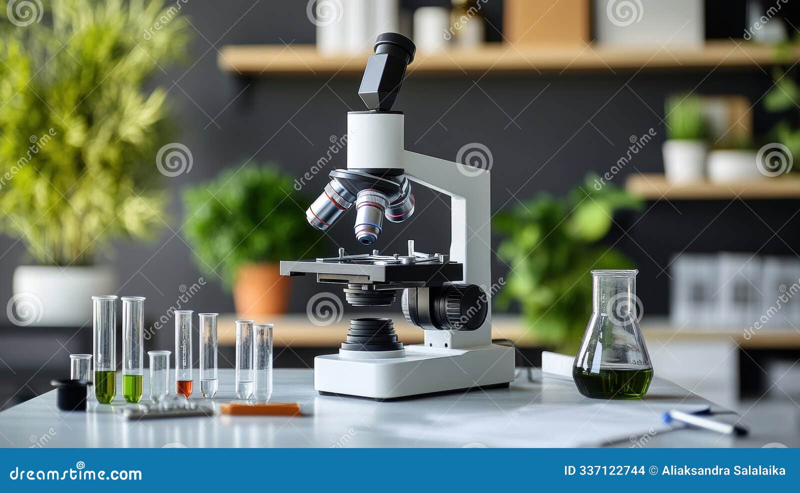 Science Lab Table with Microscope and Test Tubes Symbolizes Practical ...