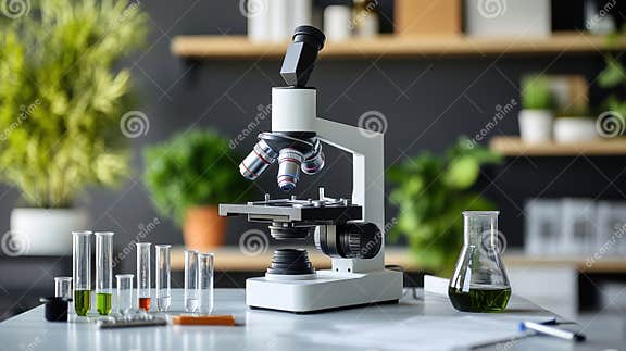 Science Lab Table with Microscope and Test Tubes Symbolizes Practical ...
