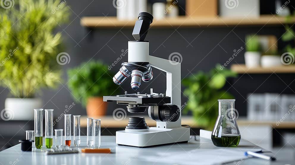 Science Lab Table with Microscope and Test Tubes Symbolizes Practical ...