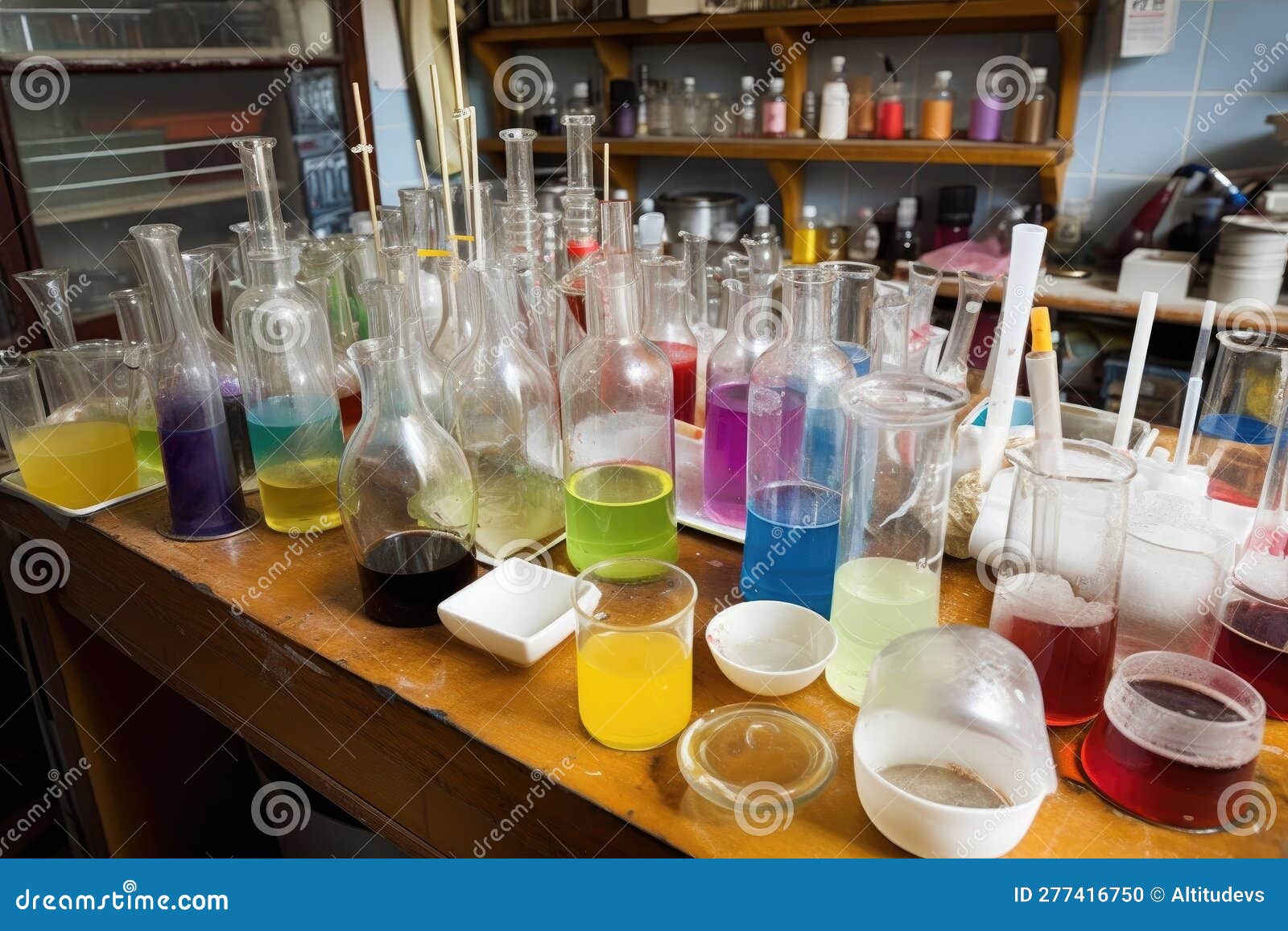 Science Lab with Various Experiments in Progress, Including Beakers and ...