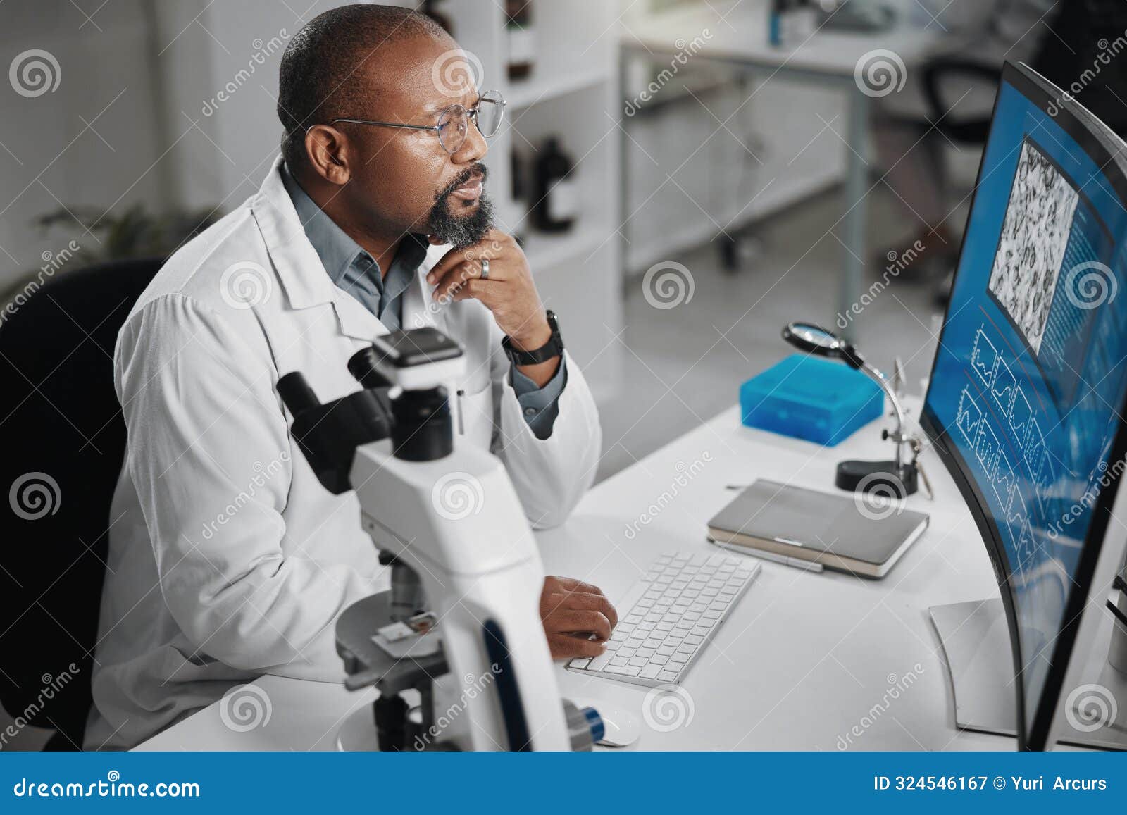 Science, Lab and Virus Research with Black Man and Computer for ...