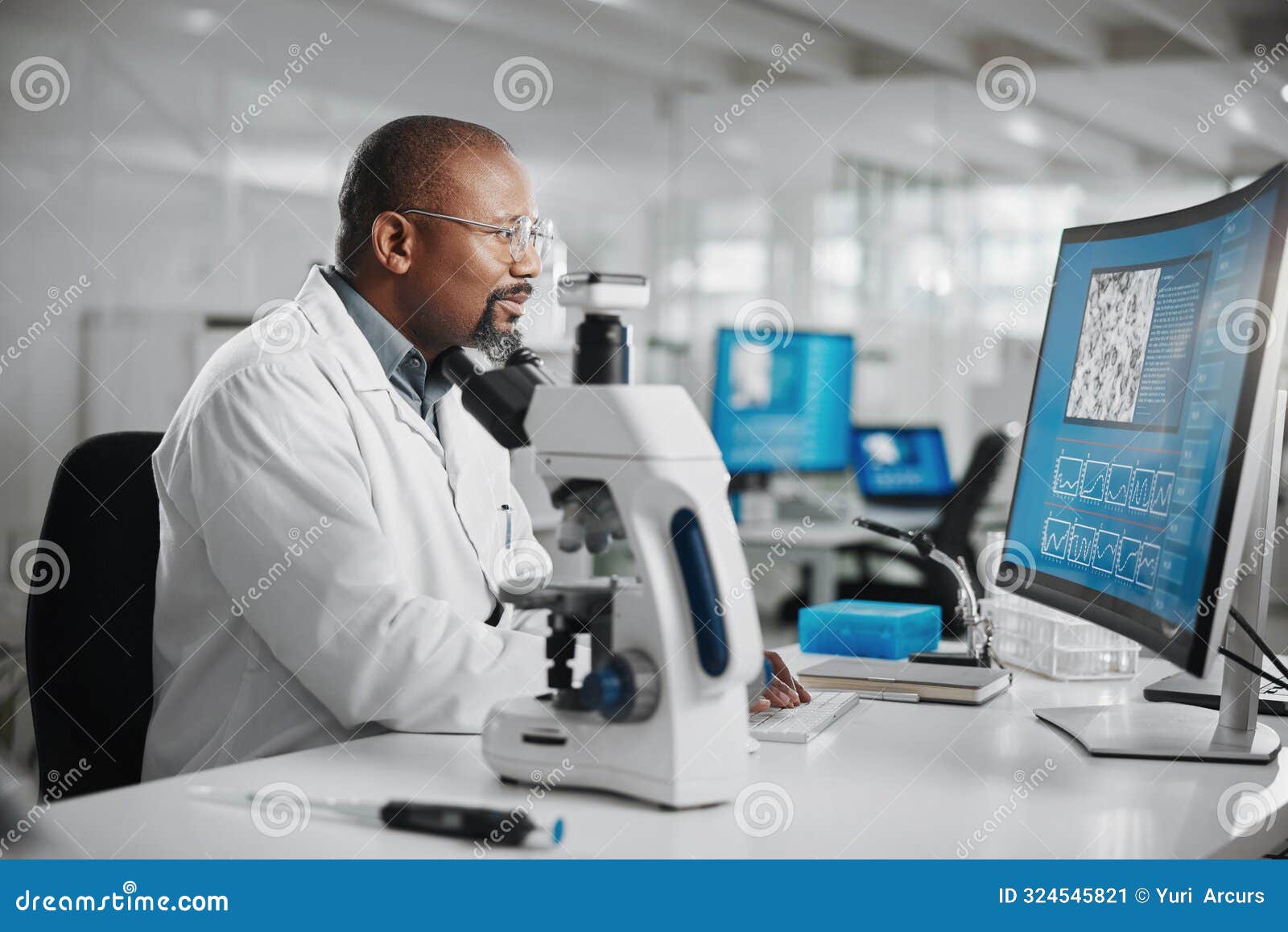 Science, Lab and Virus Research with Black Man and Computer for ...