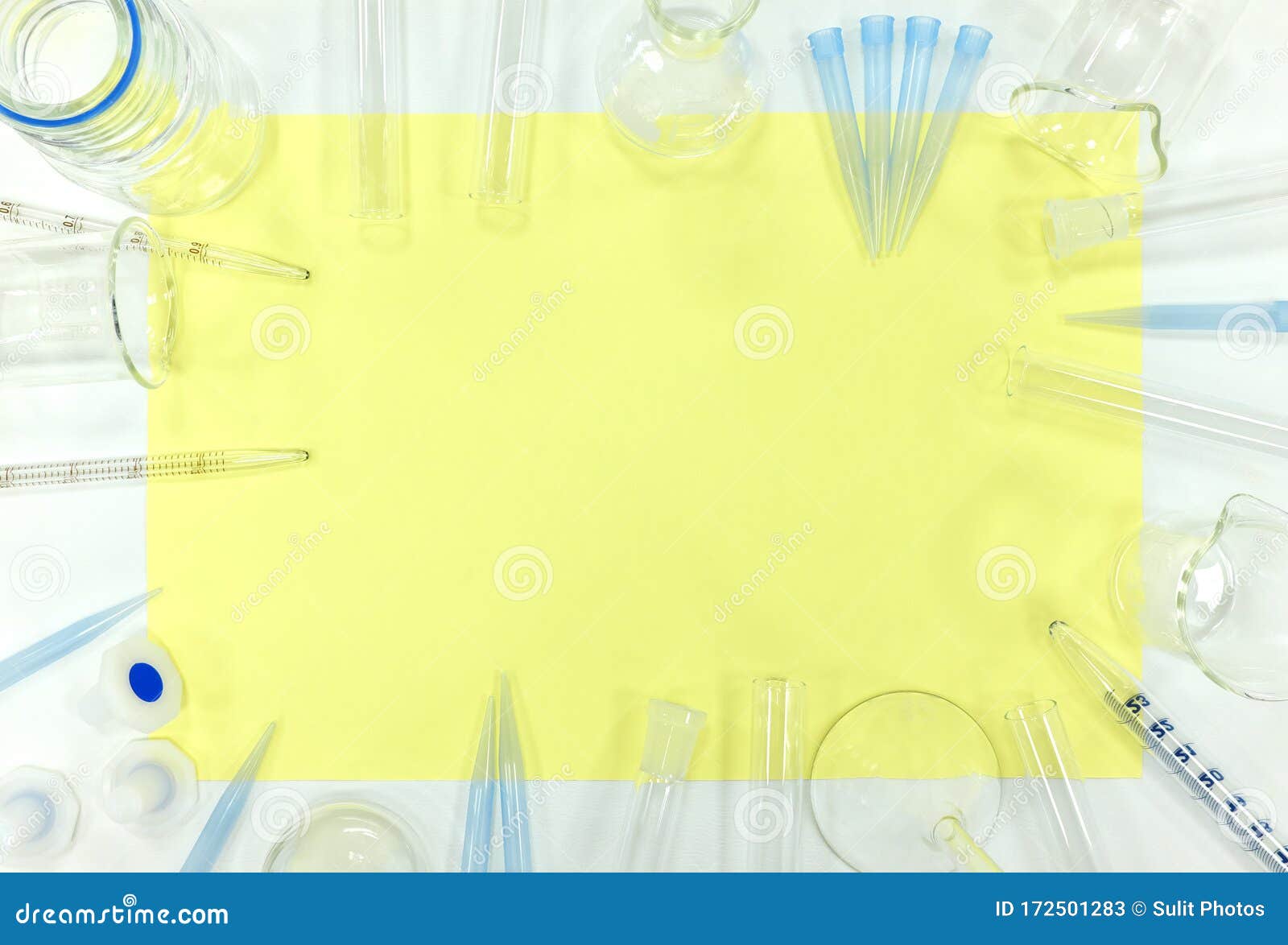 Science Laboratory Flat Lay Composition Background. Beakers, Flasks ...