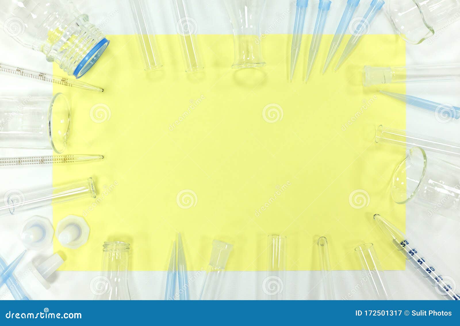 Science Laboratory Flat Lay Composition Background. Beakers, Flasks ...