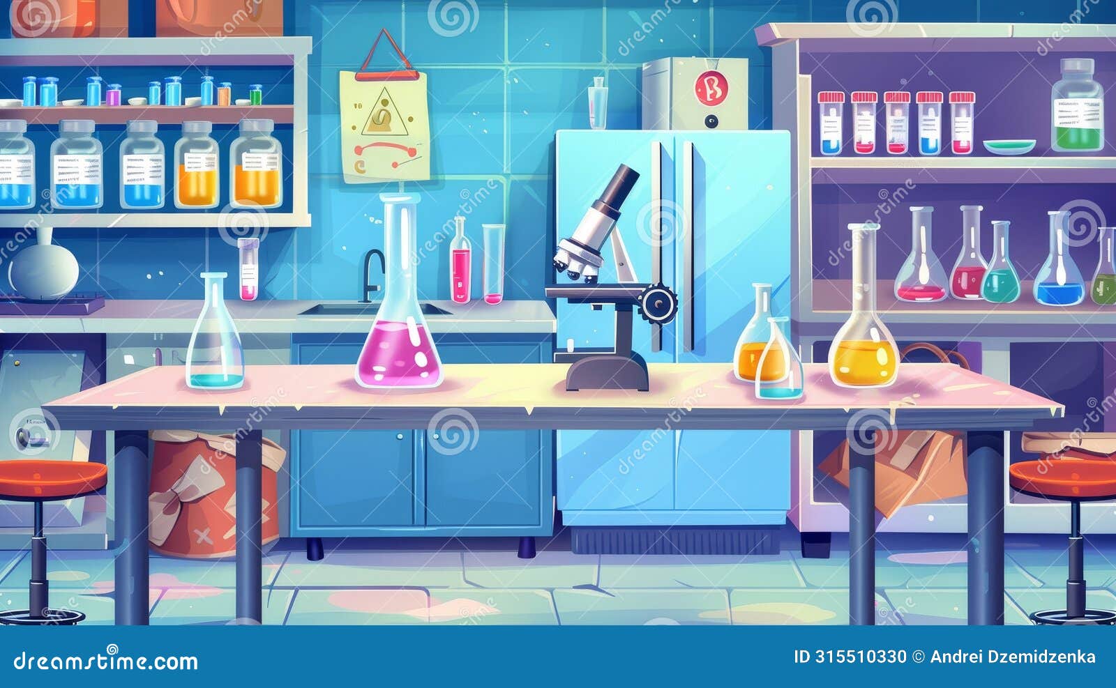 Science Laboratory with Microscope, Flasks, Tubes on Table ...
