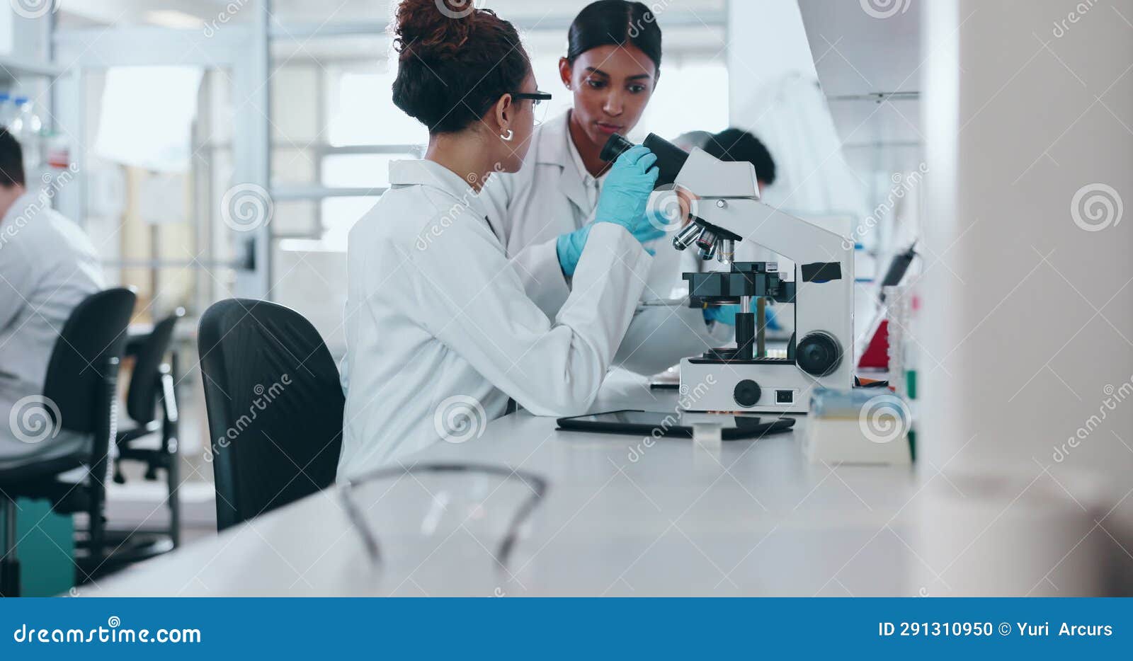 Science Laboratory, Microscope and Team Talking, Cooperation and Study ...