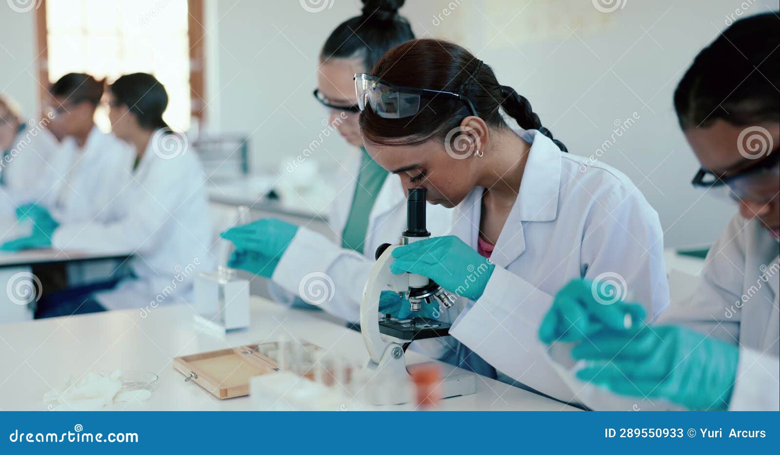 Science, Learning and Students in Laboratory with Microscope for ...
