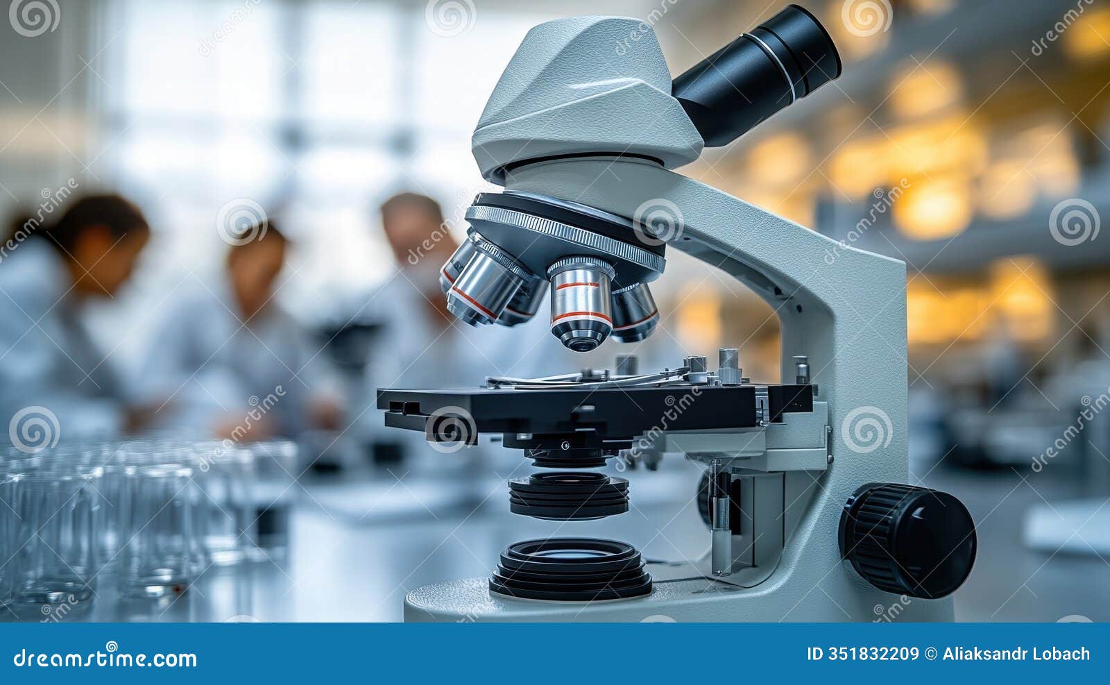 Science Microscope Standing on a Table in the Lab. Medical Room with a ...