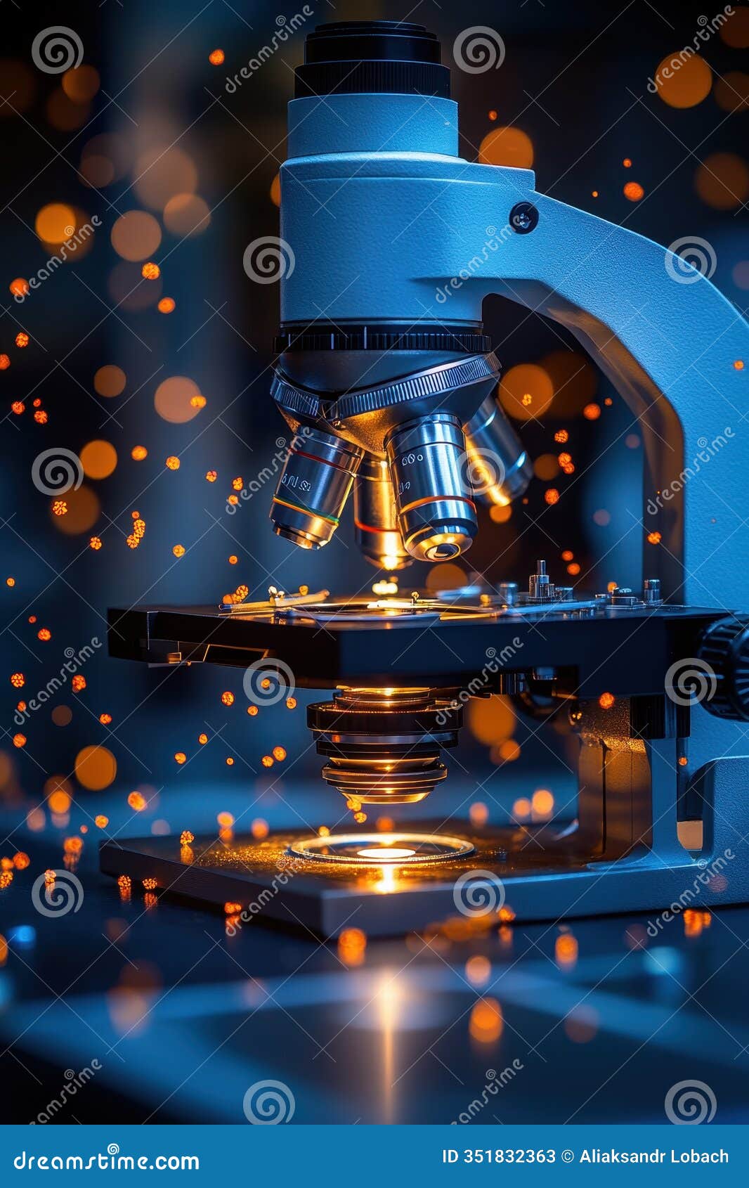 Science Microscope Standing on a Table in the Lab. Medical Room with a ...