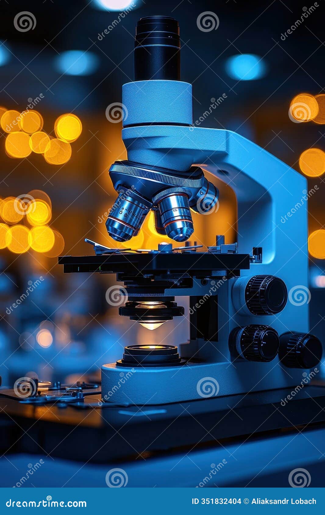 Science Microscope Standing on a Table in the Lab. Medical Room with a ...