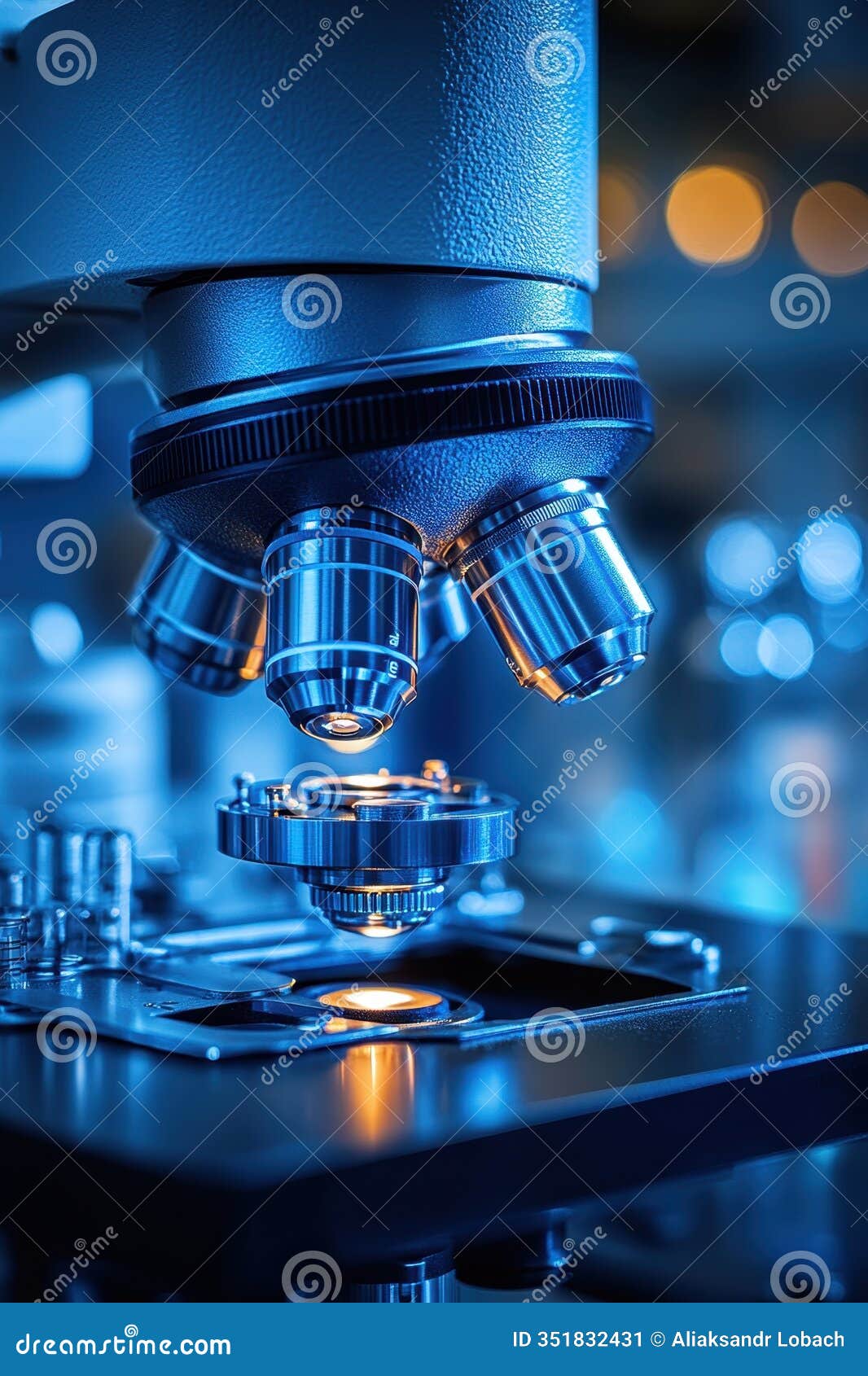 Science Microscope Standing on a Table in the Lab. Medical Room with a ...