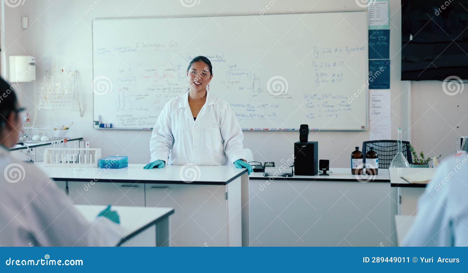 Science, Question and an Asian Woman Professor Teaching a Class in a ...