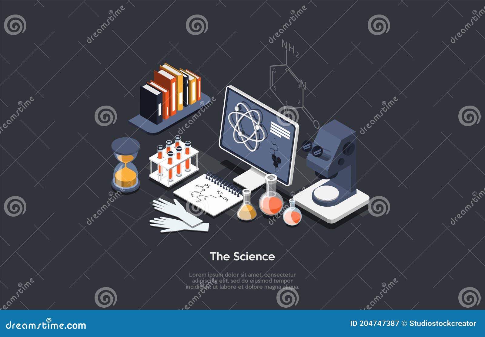 Science Related Objects on Dark Background. Scientist Concept Vector ...