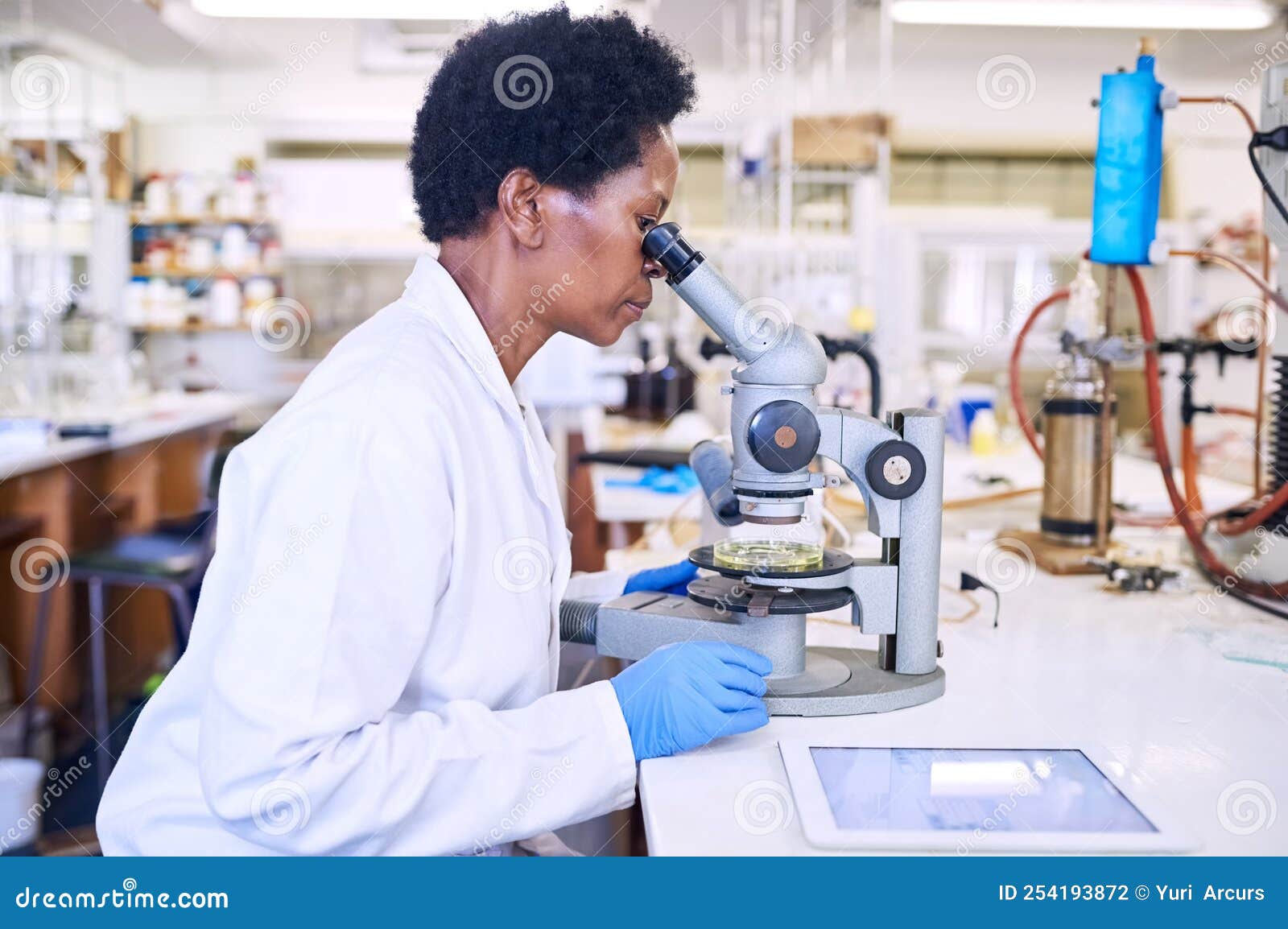 Science Requires a Critical Eye. a Female Scientist Using a Microscope ...