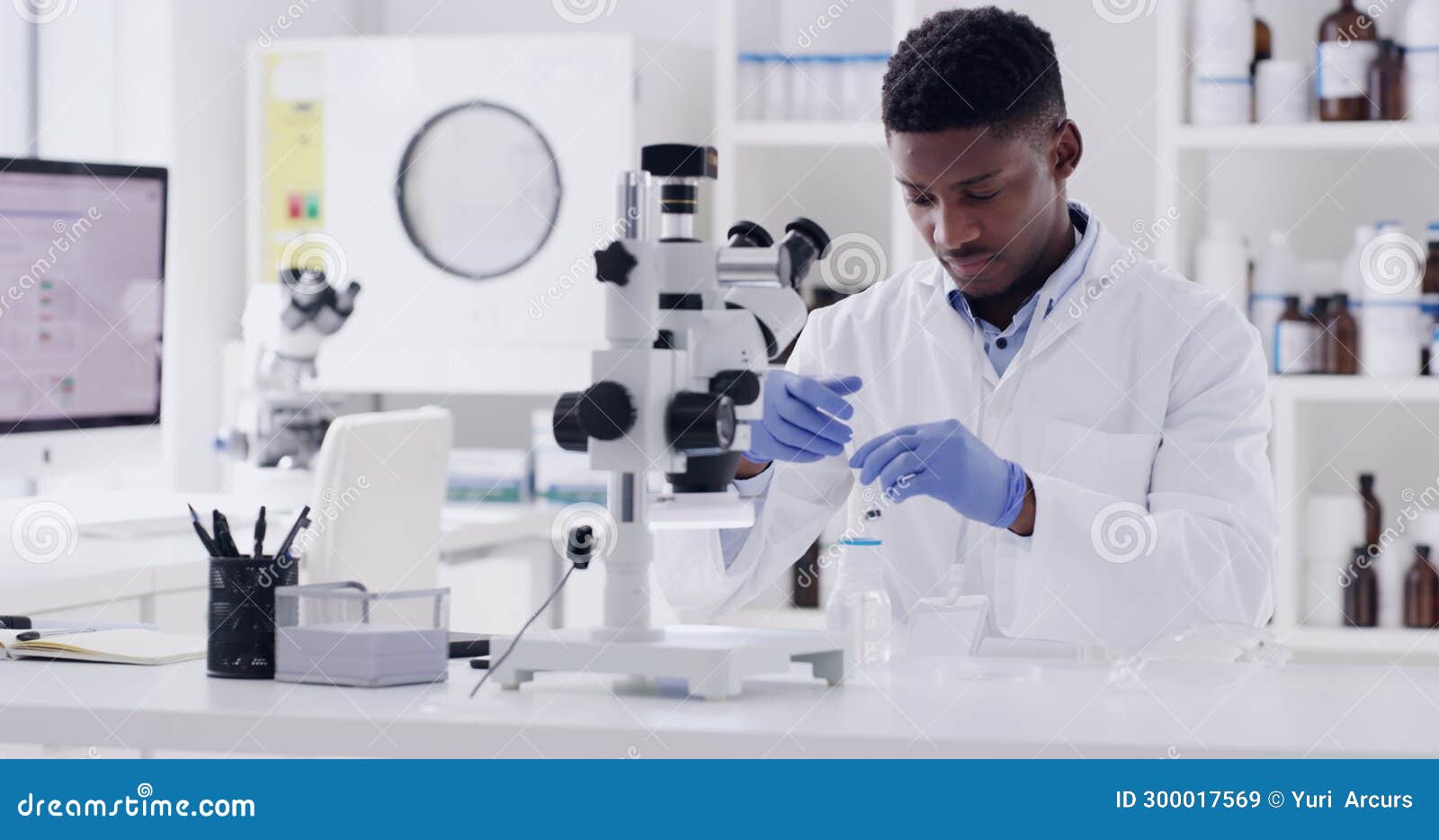 Science, Research and Black Man with Microscope, Chemical and Medical ...