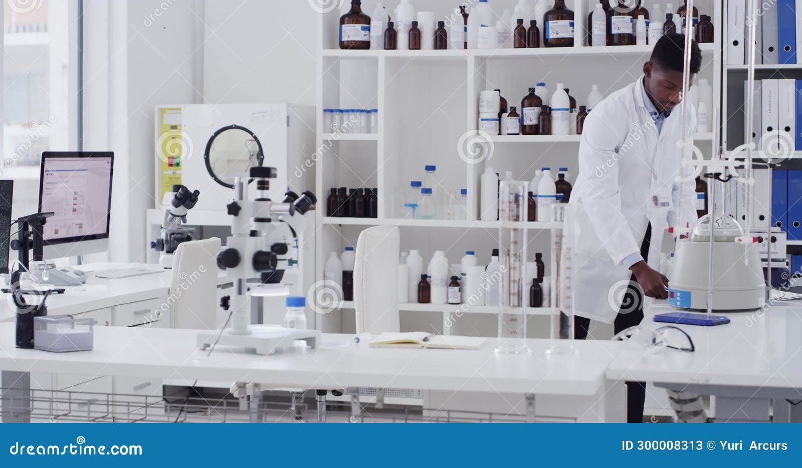 Science, Research and Black Man with Microscope, Computer and Medical ...