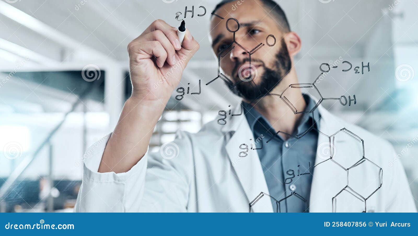 Science, Research and Formula with a Man Engineer Working and Writing ...