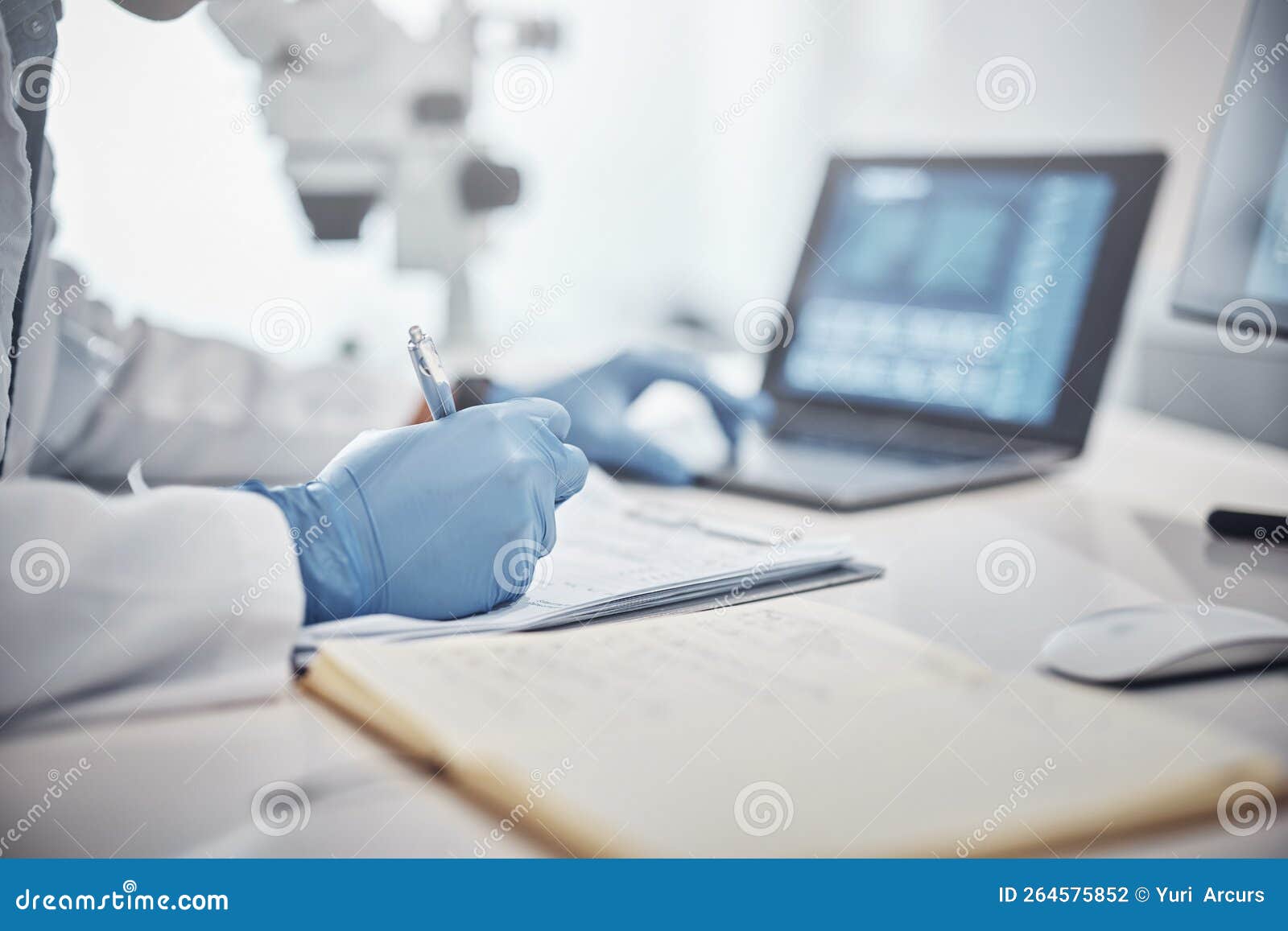 Science, Research and Hands in Lab with Notebook and Computer on ...