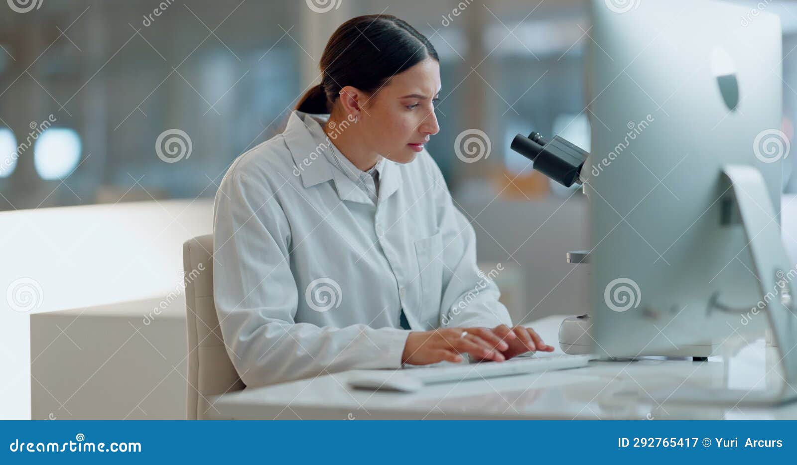 Science, Research and Woman with Microscope, Computer and Typing Data ...