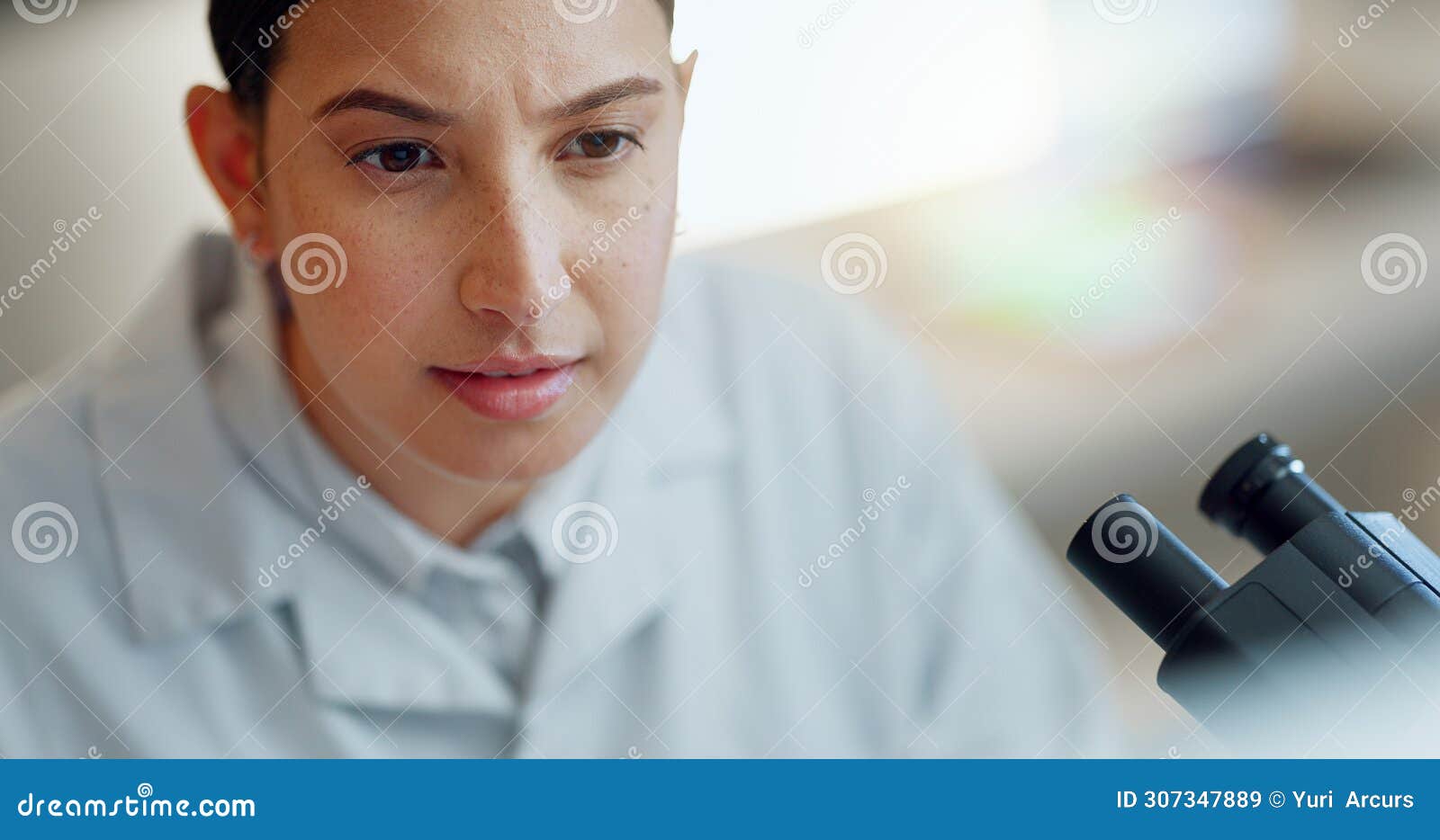 Science, Research and Woman with Microscope, Info and Data Report in ...