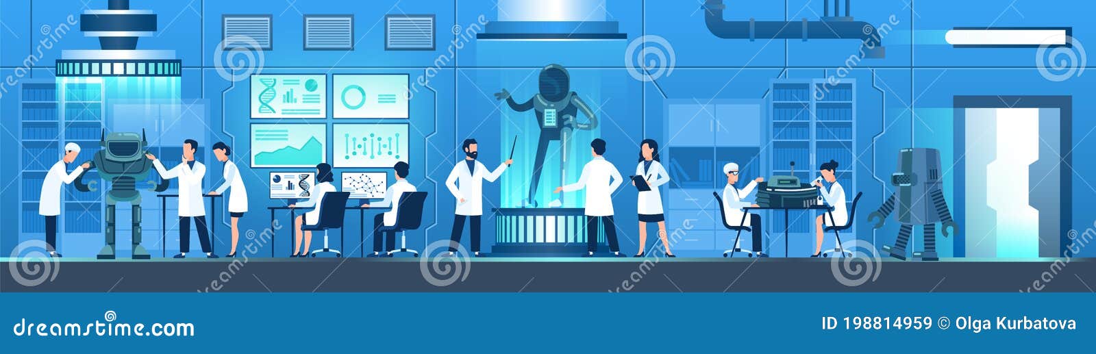Science Researching Lab. People In White Uniform Create Robot ...